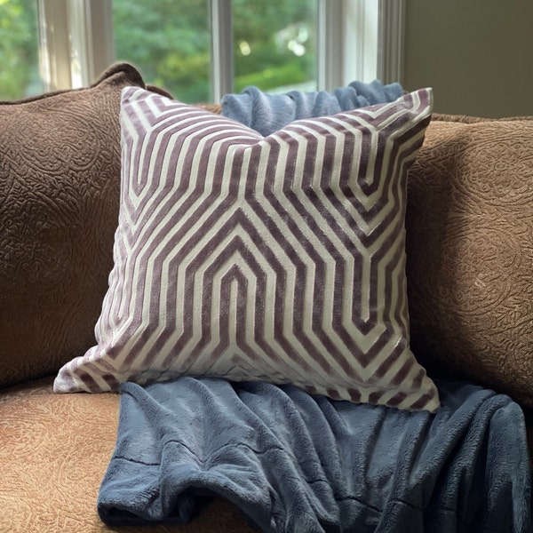 Plum Purple Linen Decorative Throw Pillow Cover With Geometric Velvet ...