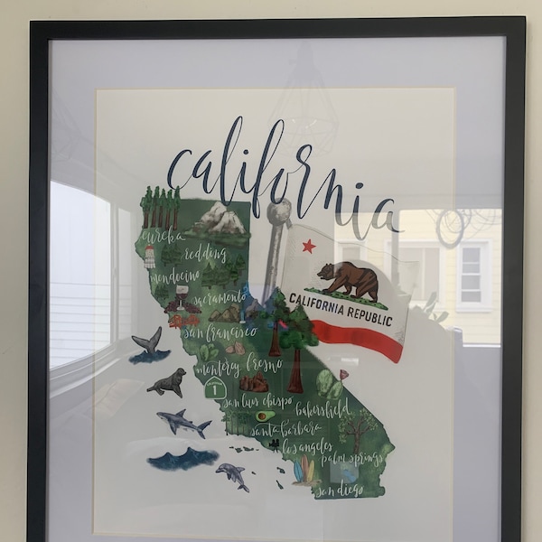 California Wall Print | State Map Artwork With Landmark Illustration ...