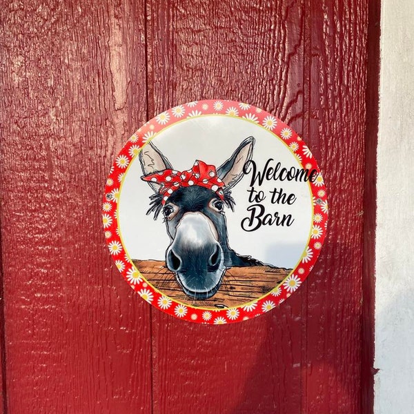 Sublimated Round Metal Wreath Sign, Welcome Donkey Buffalo Check Edge ...