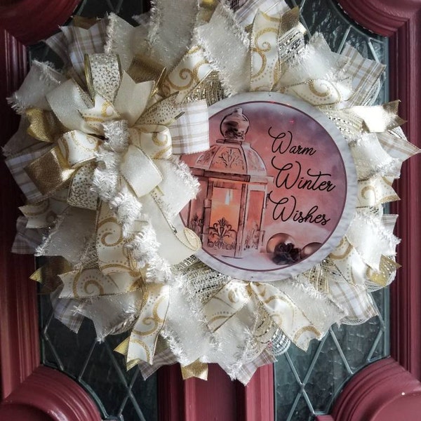 Wreath Sign, Warm Winter Wishes Lantern Round Metal Wreath Sign, Winter ...