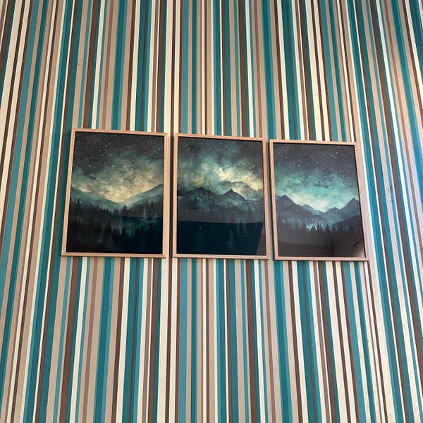 Teal Dark Night With Stars Set of Three Art Prints - Blue Mountains 3 ...