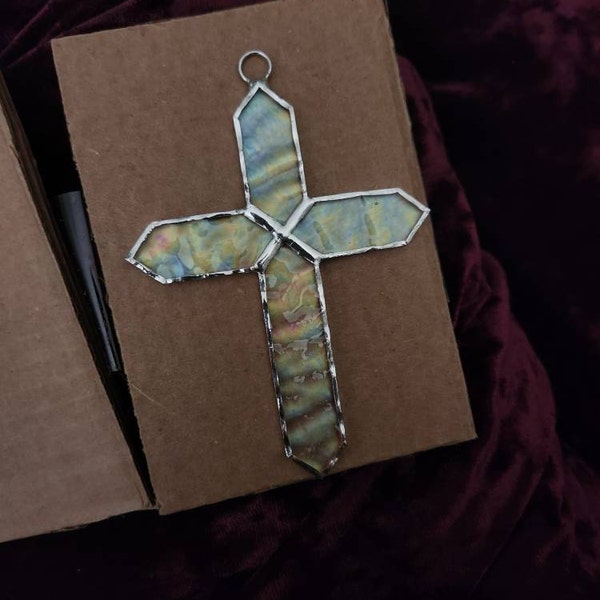 PEARL, Iridescent Stained Glass Cross, Cream Glass Cross, Lead Free ...