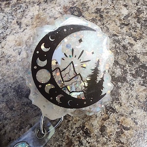 Moon Phase Badge Reel, Mystical Celestial Badge Reel, Geode Glitter ...