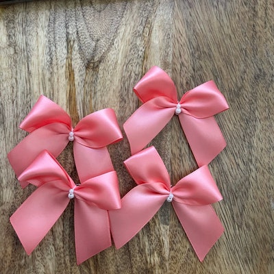Coral Satin Ribbon Bows With Pearls, High Quality Handmade Light Pale ...