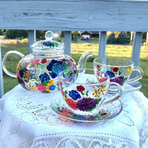 Personalized Flowers Tea Set Teapot With 2 Cups and Saucers, Glass ...