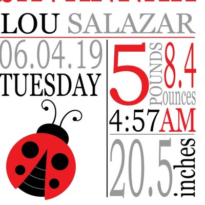 Ladybug Birth Print,red Black Birth Stats,ladybug Birth Announcement ...