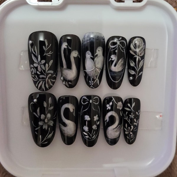 Floral Swan Press on Nails, Swan Lake Nail Art, Black Gothic Rose Nails ...
