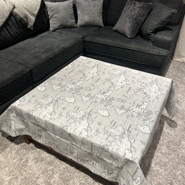 Gray World Map Tablecloth, Grey Waterproof Map Table Cover, Waterproof ...