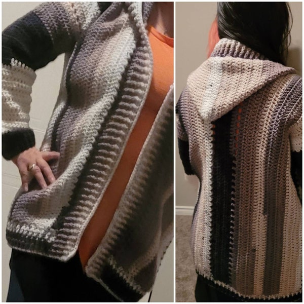 Crochet Pattern / Easy Chunky Ribbed Collar Pockets Hooded Cardigan ...