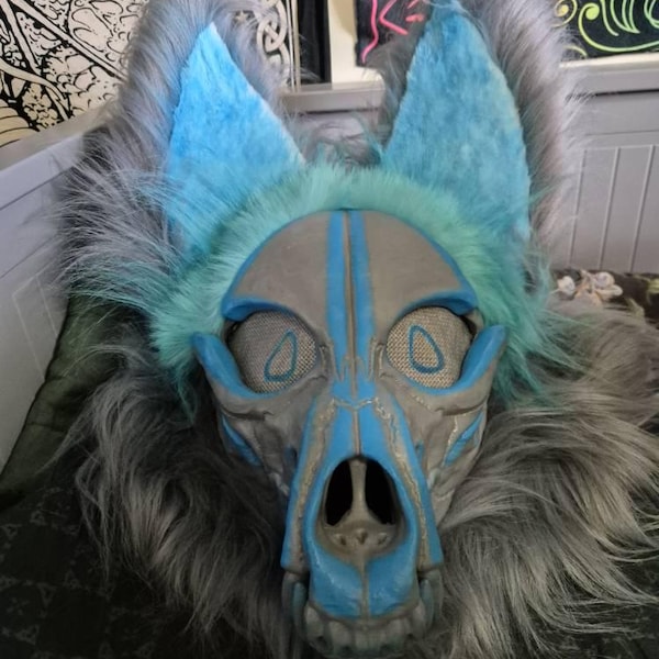 Shaman Fursuit Head Premade, Tribal Bone Mask With Feathers, Faux Fur ...