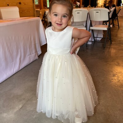 Ivory 4 Layer Pearl Tulle V-back Ankle Length Wedding Flower Girl ...