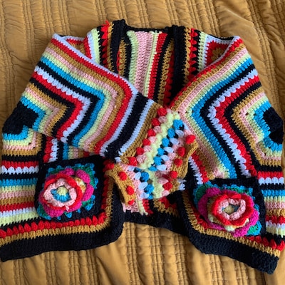 Hand Crocheted Multi-color Blooming Bomber Jacket/cardigan - Etsy