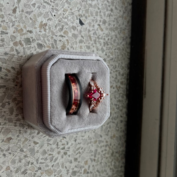 Skye Rose Gold Ruby Leaf Couples Ring Set- His and Hers Matching ...