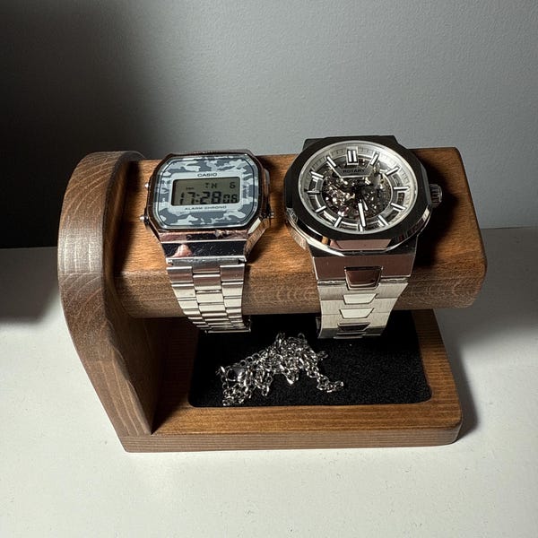 Double Watch Stand With Ring Tray / Wooden Watch Stand / Rustic Watch ...