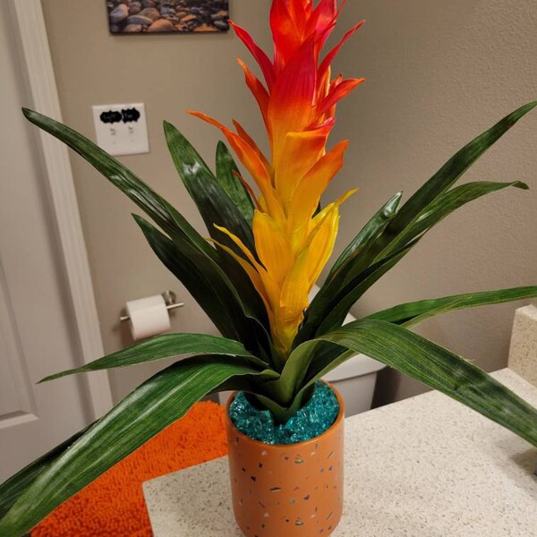 Artificial Bromeliad Plant in Ceramic Pot, Yellow With Orange ...