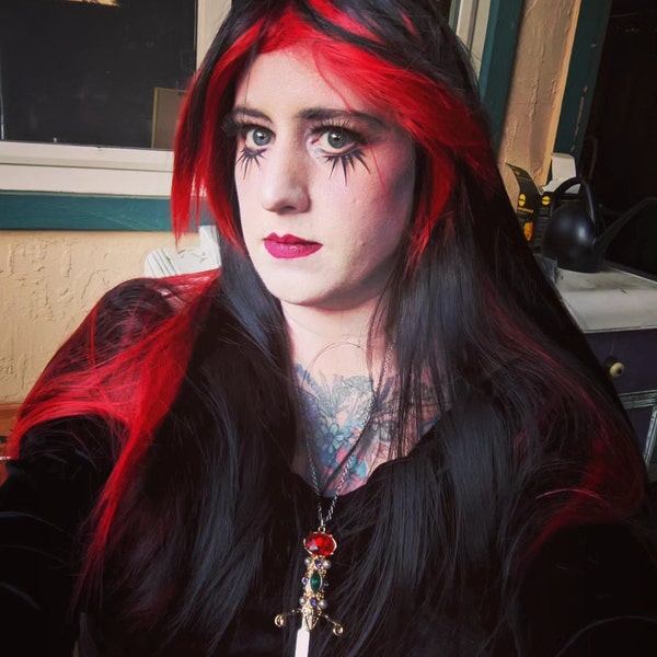 Radar - 26 Inch Black & Bright Red Highlights Streaks Wig Long Straight Layered Womens Wig Haute ...