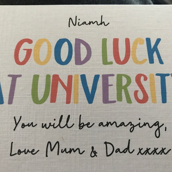 Personalised Rainbow Letters Good Luck at University Card, First Day ...