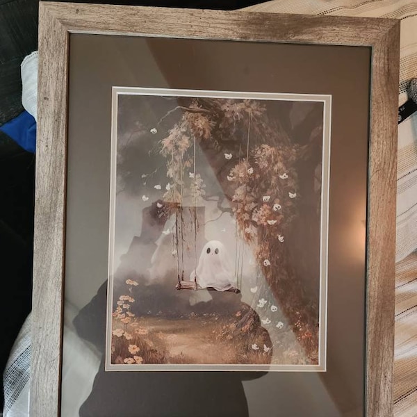 Cute Ghosts in Fall Meadow W/ Haunted House, Vintage Ghost Painting ...