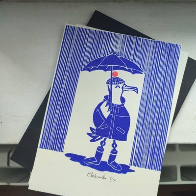 Handmade Linocut Blue Small Boats in Lesconil Brittany Sea-linoprint ...