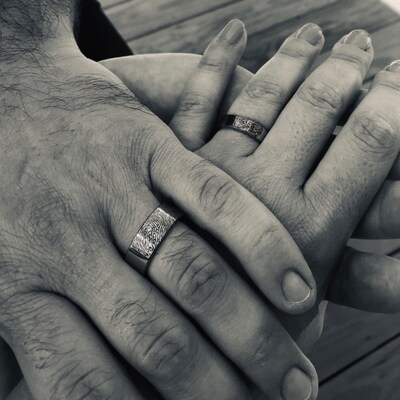 Couples Custom Engraved Pipe Cut Tungsten Fingerprint Rings His and Hers Matching Wedding Bands ...