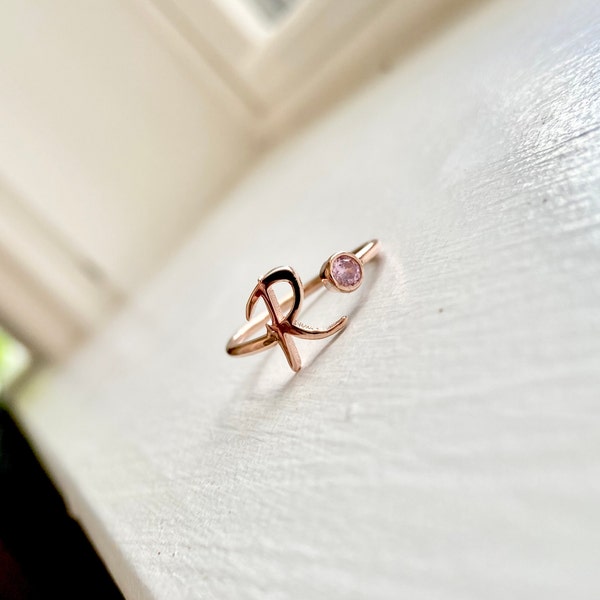 Custom Initial Ring With Birthstone – Personalized Initial Ring ...