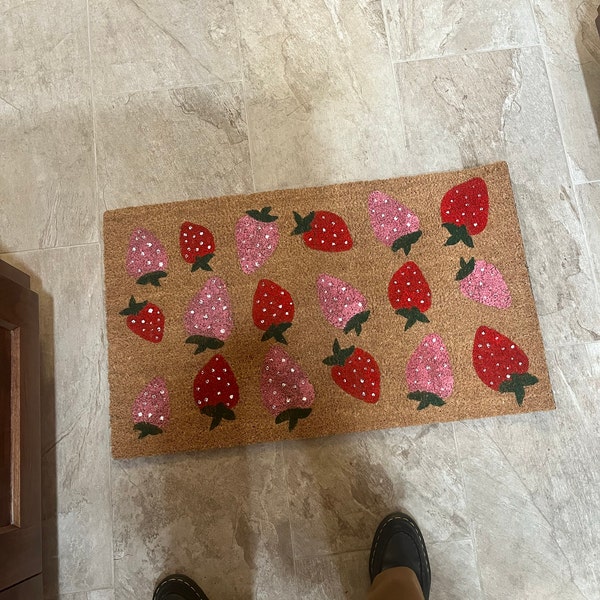 Strawberry Doormat, Cute Front Door Mat, Spring Welcome Mat, Pattern ...