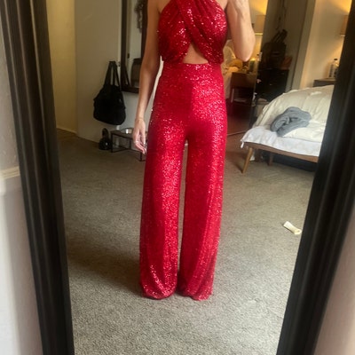 Red Sequin Jumpsuit, Backless Wedding Guest Dress, Red Prom Dress ...