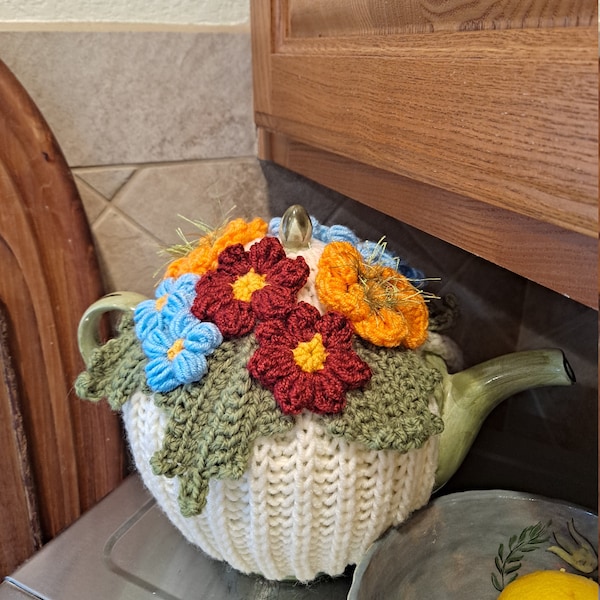 Crochet Red Tea Cozy Blue Yellow Flowers - Knitted Tea Pot Warmer ...