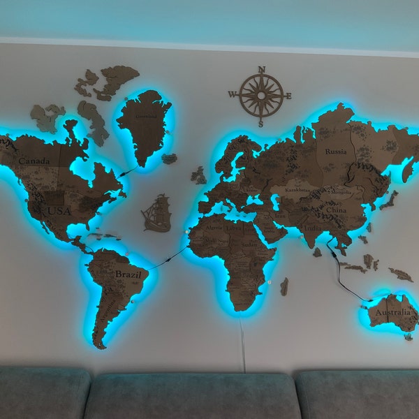 RGB LED 3D Wooden World Map, 3D LED Wooden Map of the World, Boss ...