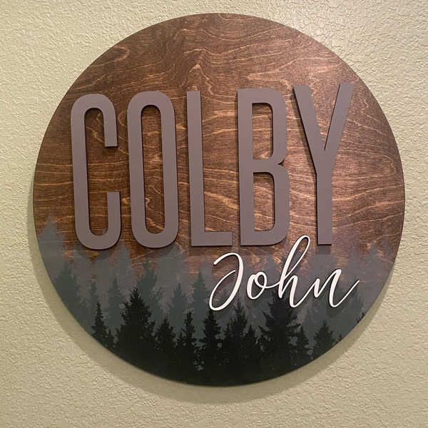 3D Name Sign Pine Tree Mountain Decor | 18-36 Inch Personalized Wooden ...