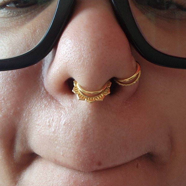 Stacked Septum Ring, Lotus Septum Hoop, 16g Septum Clicker Ring, 18K ...