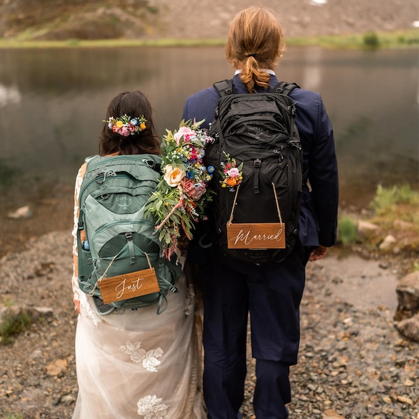 Backpack Signs Just Married Backpack Sign for Mountain Wedding ...