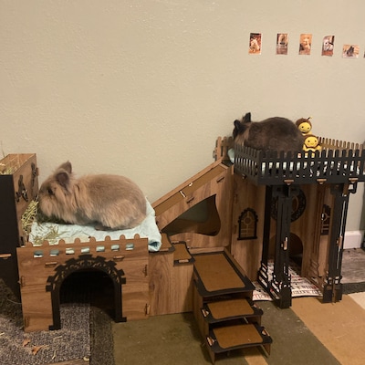 Bunny Castle With Twin Closed Towers, Oak Black Rabbit Palace With Two ...