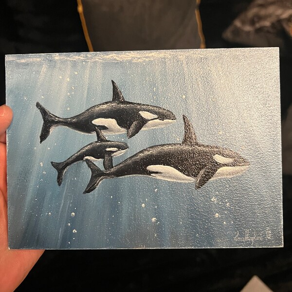 Orcas Painting. Original Oil Painting: Orca Leaping Above Sea on Clear ...