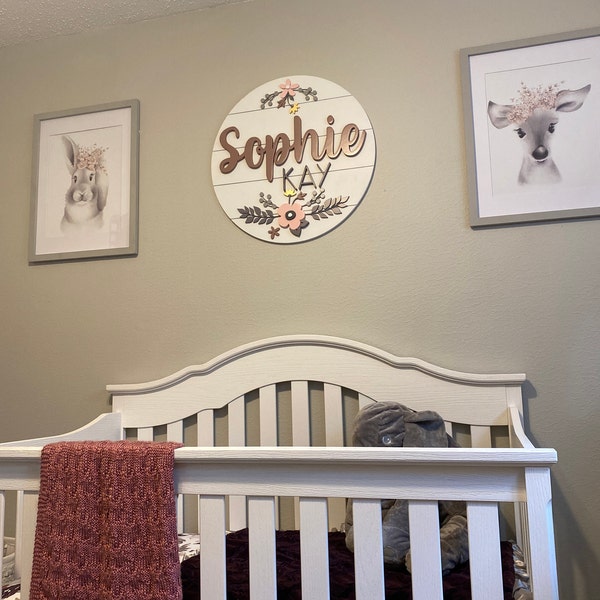 24 Baby Girl Name Sign With Floral Backboard on Shiplap Like Backboard ...