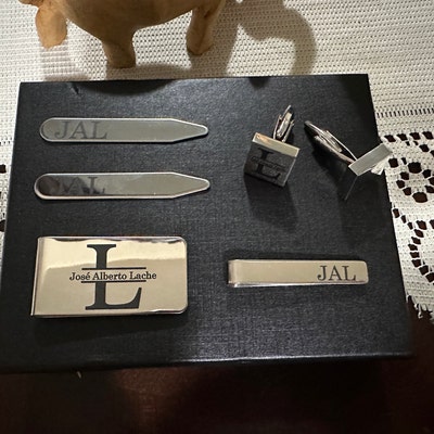 Personalized Money Clip, Tie Bar Clip, Cuff Links & Collar Stays Set in ...