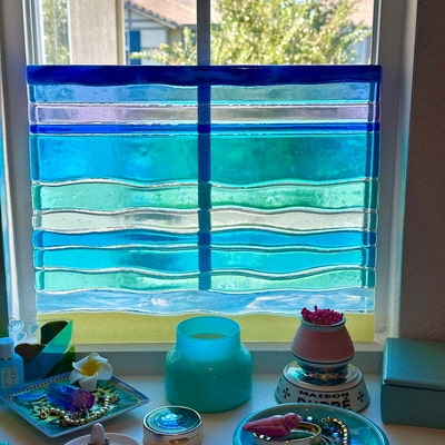 Fused Glass Ocean Wave Art, Glass Wave Wall Decor, Blue Ocean Waves Sun ...