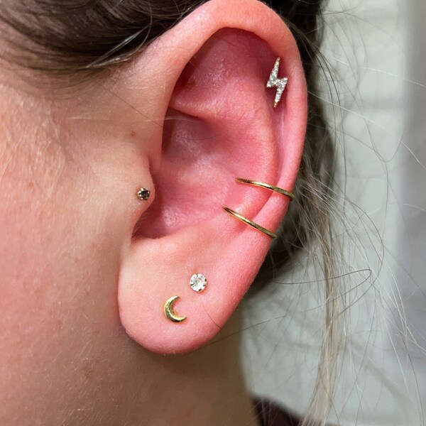 14k Solid Gold Lightning Bolt Cartilage Earring/threadless Push Pin ...
