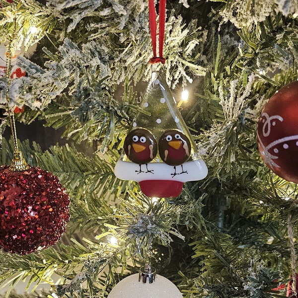 Christmas Tree Fused Glass Decoration With 2 Robins - Etsy UK