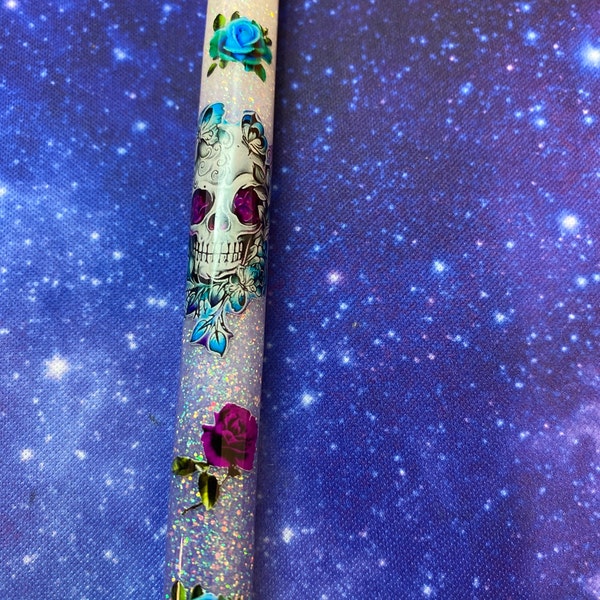 Purple Blue Floral Skull Pen / Skull Pen / Goth Pen / Skull and Flowers ...