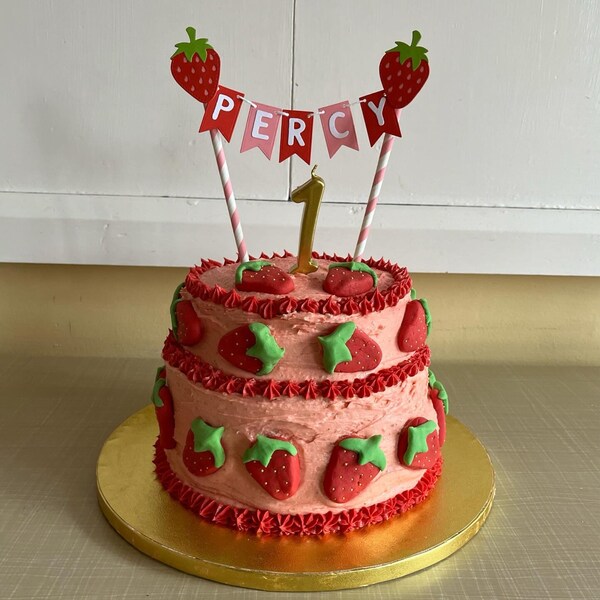 Strawberry Theme Cake Topper, Personalised Strawberry Cake Bunting, 1st ...