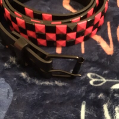 Handmade Red and Black Checker Pyramid Studded Stitched Leather Belt ...