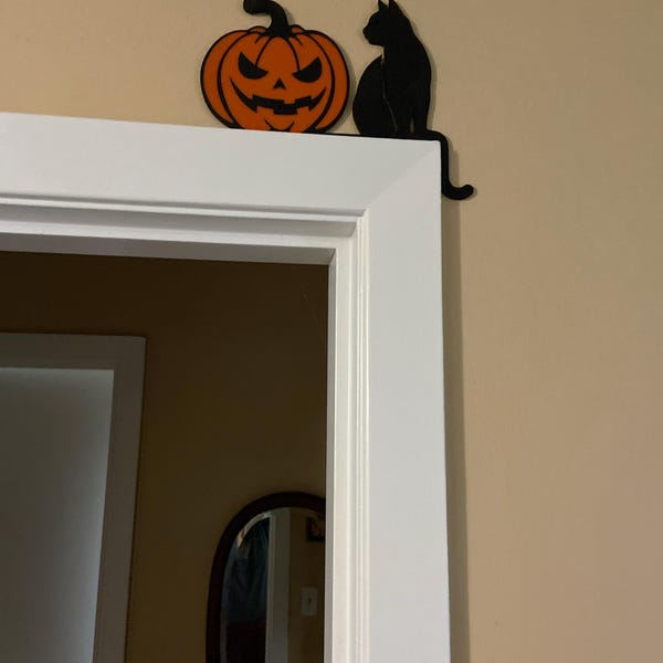 Ghost Cat Door Corner Topper, Spooky Black Cat & Halloween Pumpkin ...