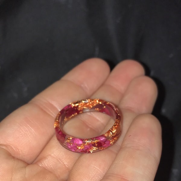 Real Pressed Flower Ring, Rose Petal and Copper Rose Gold Leaf Clear ...