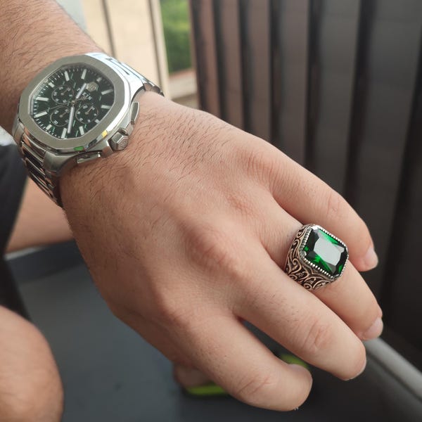 Men Handmade Green Stone Ring , Silver Emerald Stone Ring , Sterling ...