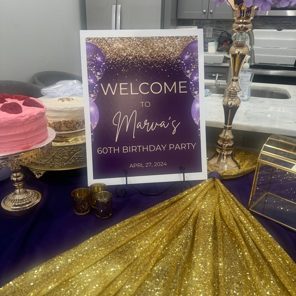 Editable Purple Gold Glitter Balloons Glam Welcome Sign, Printable ...