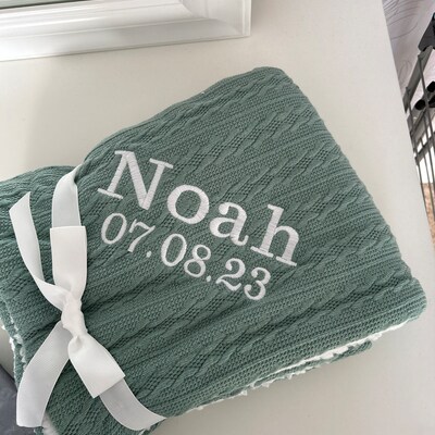 PERSONALISED BABY Cable Knit BLANKET name Embroidered Footprints Pom ...