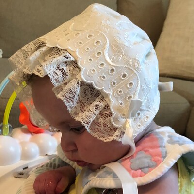 Large Vintage Style Eyelet Baby Bonnet, Christening Bonnet, Baptism ...