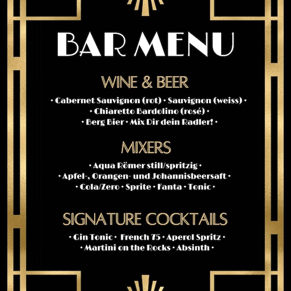 Editable Gatsby Bar Menu Card Template, Roaring 20s Bar Menu, Harlem ...