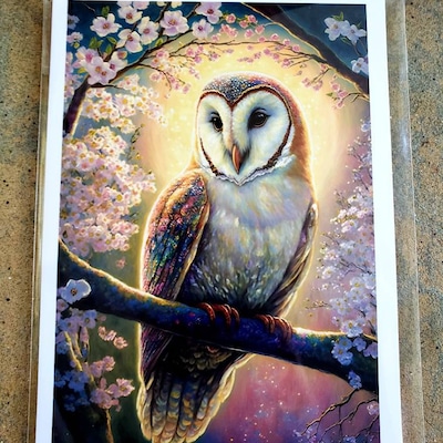 Cherry Blossom Moonlight Barn Owl 5x7 Altar Print, Whimsical Owl Art ...